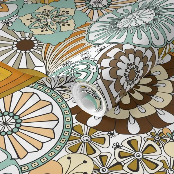 Spoonflower Green Blue Yellow Flowers Brown Floral Retro Custom Pre-pasted Wallpaper - Gray,brown