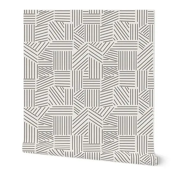 Spoonflower Black And White Hash Marks Medium 100% Natural Sisal Grasscloth Wallcovering