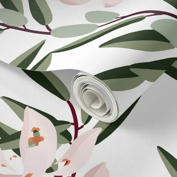 Spoonflower Olive Bloom Pink Blossom Flowers Floral Botanical Custom Pre-pasted Wallpaper - Pink,green,gray