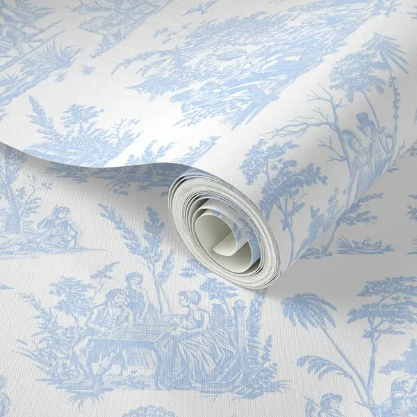 Spoonflower Toile Blue White Baby Romantic French Custom Pre-pasted Wallpaper - Blue,white