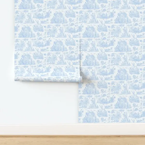 Spoonflower Toile Blue White Baby Romantic French Custom Pre-pasted Wallpaper - Blue,white