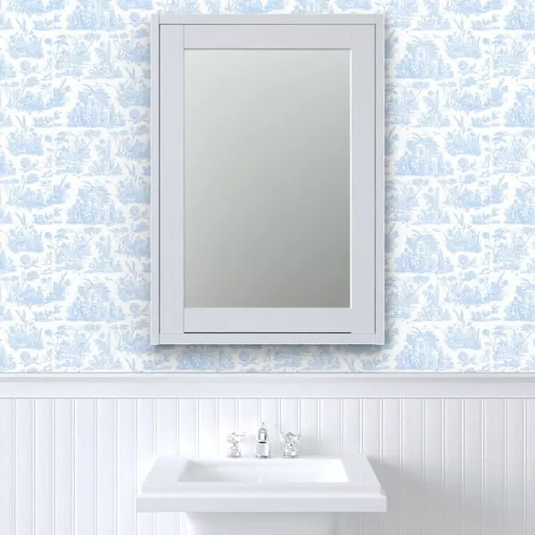 Spoonflower Toile Blue White Baby Romantic French Custom Pre-pasted Wallpaper - Blue,white