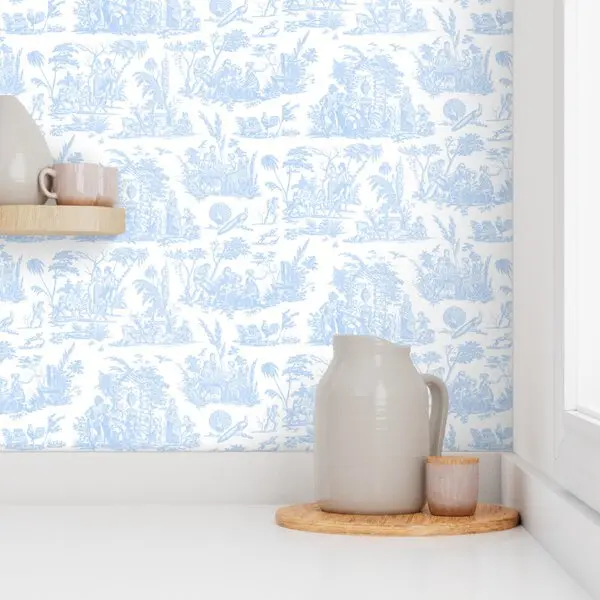 Spoonflower Toile Blue White Baby Romantic French Custom Pre-pasted Wallpaper - Blue,white