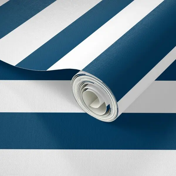 Spoonflower Stripes Navy Blue Horizontal Custom Pre-pasted Wallpaper - Blue,white,gray