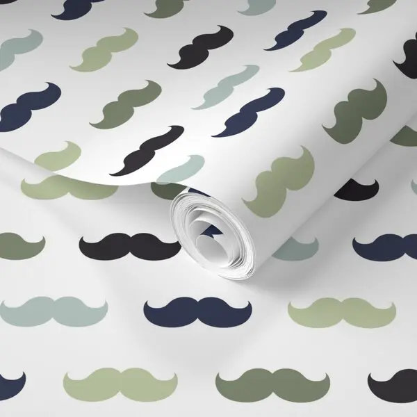 Spoonflower Moustaches Custom Pre-pasted Wallpaper - Gray,blue,green