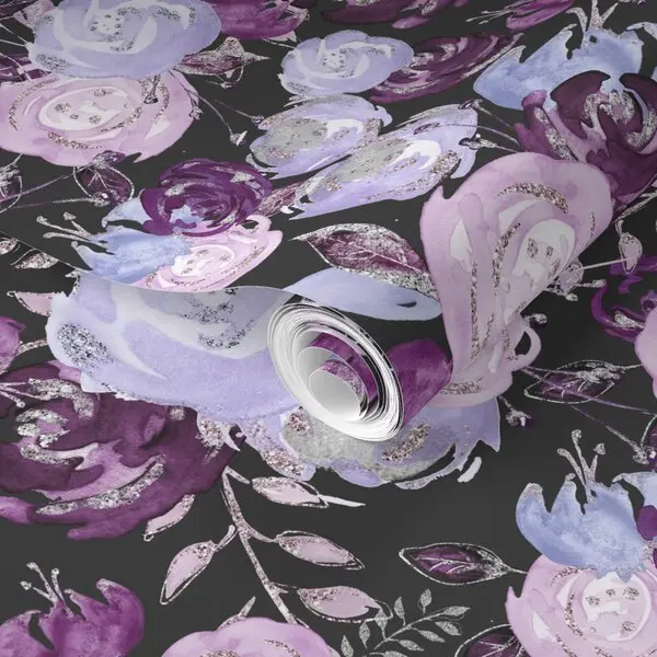 Spoonflower Purple Silver Black Lilac Flowers Bouquet Peony Traditional Wallpaper - Purple,green,gray
