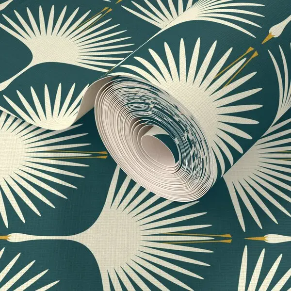 Spoonflower Art Deco Swans Deep Teal Beak To Feet 100% Natural Sisal Grasscloth Wallcovering - Teal,blue