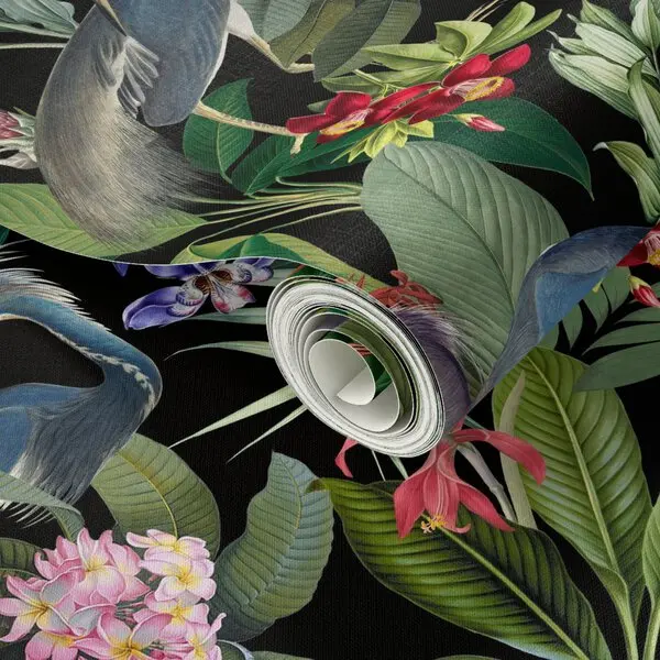Spoonflower Vintage Flowers Birds Of Paradise Tropical Blue Custom Pre-pasted Wallpaper - Black,blue,brown