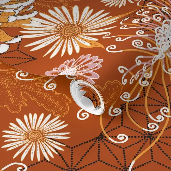 Spoonflower Copper Chrysanthemum Autumn Festival Floral Blush Custom Pre-pasted Wallpaper - Orange,gray,brown