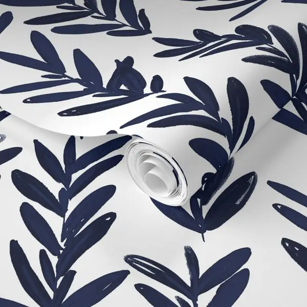 Spoonflower Sage Leaves Indigo Navy Blue Brush Strokes A359 Custom Removable Wallpaper - Blue,white