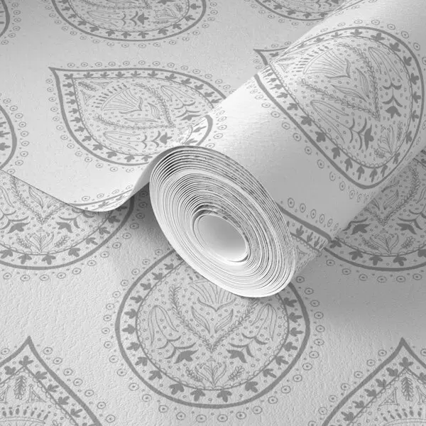Spoonflower Gray Paisley Block Print Home Custom Pre-pasted Wallpaper - White,gray