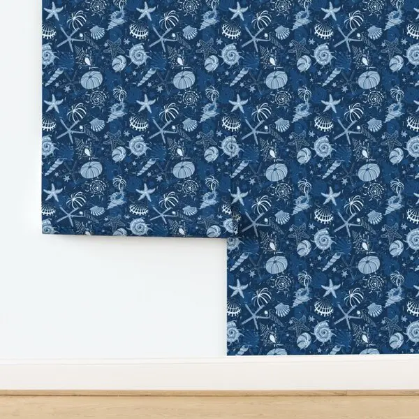 Spoonflower Summer Waves Splash Ocean Shells Custom Pre-pasted Wallpaper