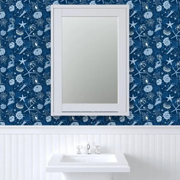 Spoonflower Summer Waves Splash Ocean Shells Custom Pre-pasted Wallpaper