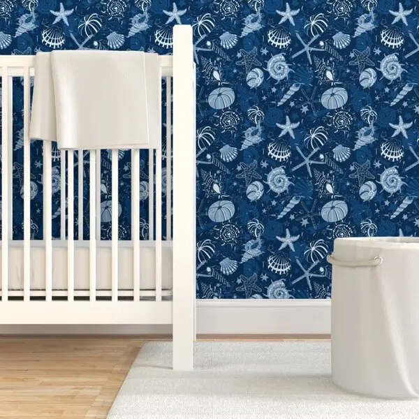 Spoonflower Summer Waves Splash Ocean Shells Custom Pre-pasted Wallpaper