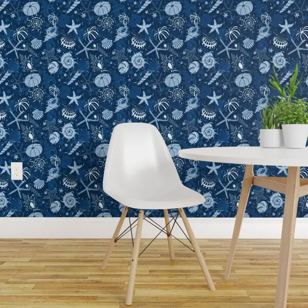 Spoonflower Summer Waves Splash Ocean Shells Custom Pre-pasted Wallpaper