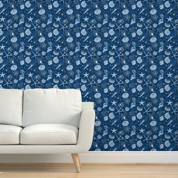 Spoonflower Summer Waves Splash Ocean Shells Custom Pre-pasted Wallpaper