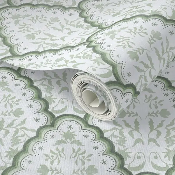Spoonflower Green Paisley Traditional Olive Scallop Painted Custom Pre-pasted Wallpaper - Mint,green,gray