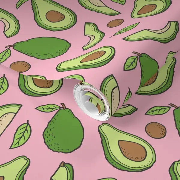 Spoonflower Avocado Pink Vegetable Fruit Food Summer Nature Custom Removable Wallpaper - Pink,green