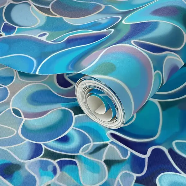Spoonflower Blue Sea Psychedelic Abstract Paint Space Ocean Custom Pre-pasted Wallpaper - Blue,green