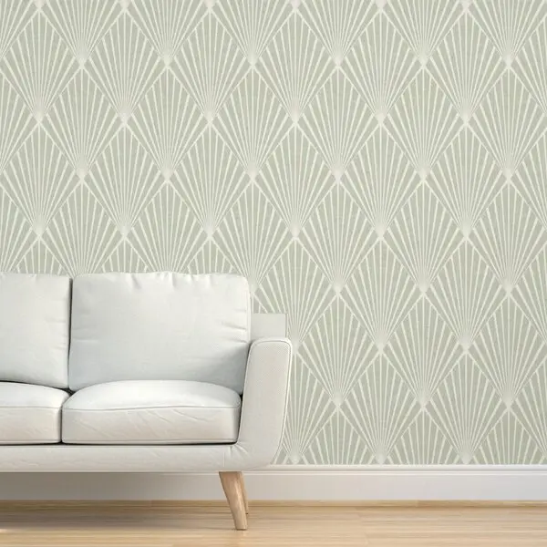 Spoonflower Art Deco Sage Green Texture 100% Natural Sisal Grasscloth Wallcovering - White,green