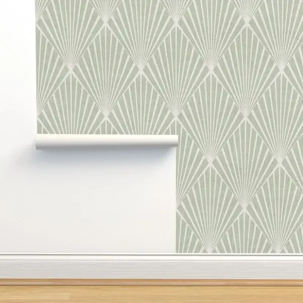 Spoonflower Art Deco Sage Green Texture 100% Natural Sisal Grasscloth Wallcovering - White,green