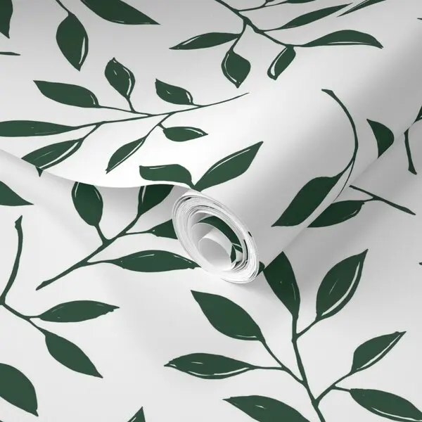 Spoonflower Green Leaves Christmas And White Blender Custom Pre-pasted Wallpaper - Mint,green,gray