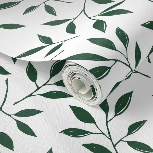 Spoonflower Green Leaves Christmas And White Blender Custom Pre-pasted Wallpaper - Mint,green,gray