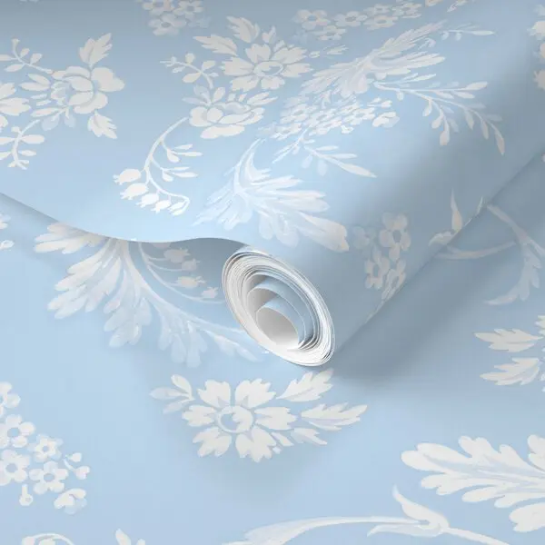 Spoonflower Flowers Floral French Blue And White Toile Rococo Custom Pre-pasted Wallpaper - Blue,white