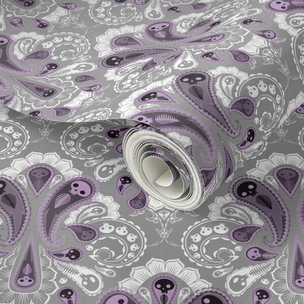 Spoonflower Paisley Victorian Damask Halloween Ghost Grave Custom Pre-pasted Wallpaper - Purple,pink