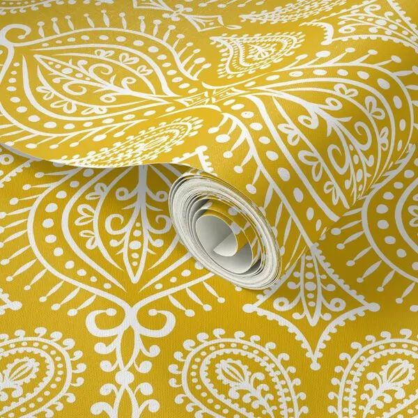 Spoonflower Paisley Yellow Regular Scale Geometric Abstract Custom Pre-pasted Wallpaper - Yellow,beige,green