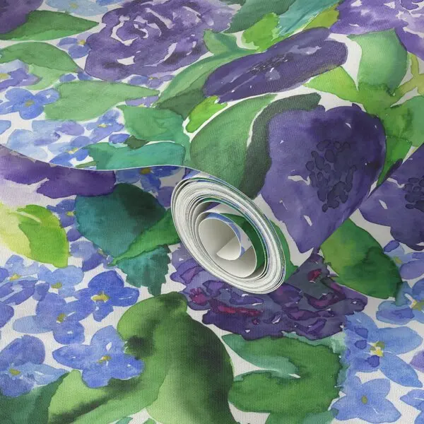 Spoonflower Roses Watercolor Green Blue Flowers Floral Custom Removable Wallpaper - Purple,green,mint