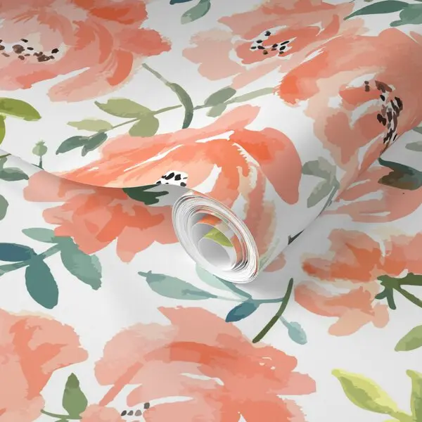 Spoonflower Pink Flower Green Leaves Rose Blossom Bouquet Custom Pre-pasted Wallpaper - Pink,green,orange