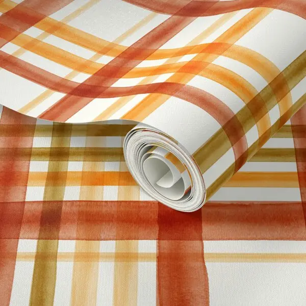 Spoonflower Fall Plaid Thanksgiving Orange Rust Custom Pre-pasted Wallpaper - Orange,white,beige