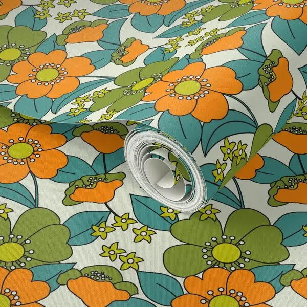 Spoonflower Green 70s Floral Orange Retro Funny Hippie Medium Custom Pre-pasted Wallpaper - Green,blue,brown