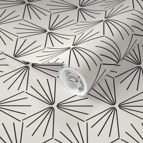 Spoonflower Black White Modern Geometric Sun Tile Line Custom Pre-pasted Wallpaper - Black,white,gray