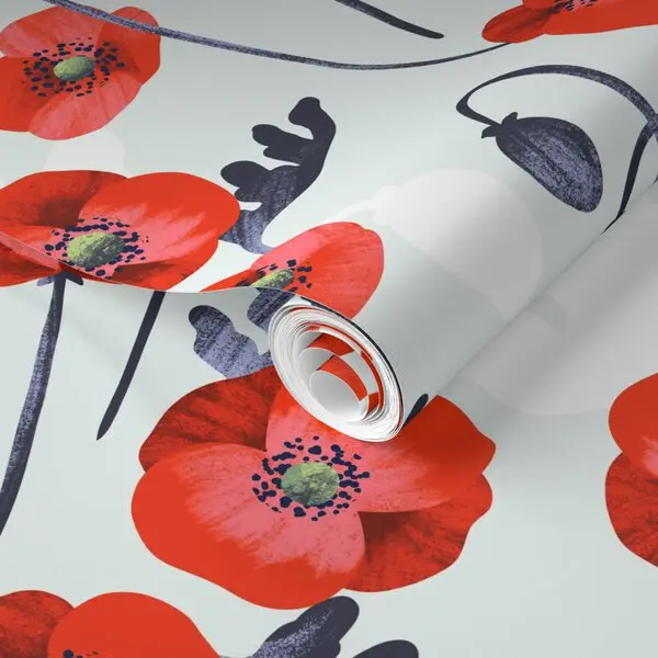 Spoonflower Poppy Flower Red Floral Nature Poppies Custom Removable Wallpaper - White,red,green