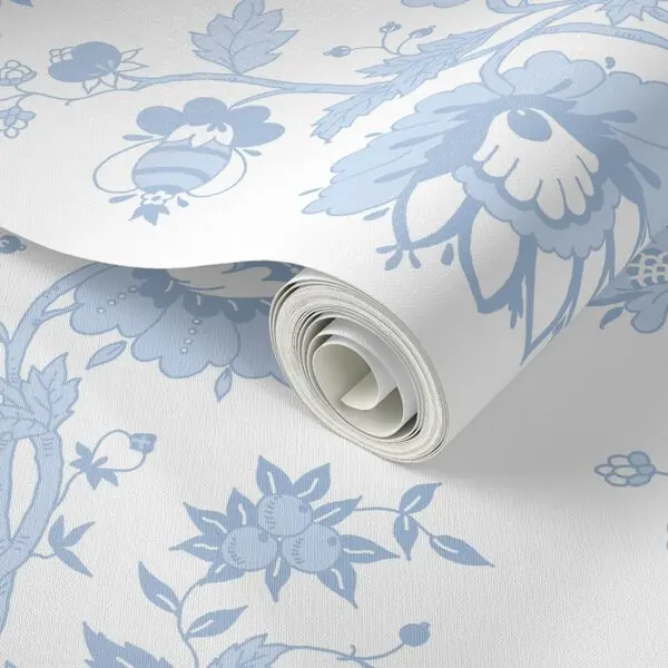 Spoonflower Stripes Blue And White Toile Chinoiserie Folk Art Traditional Wallpaper - Blue,green
