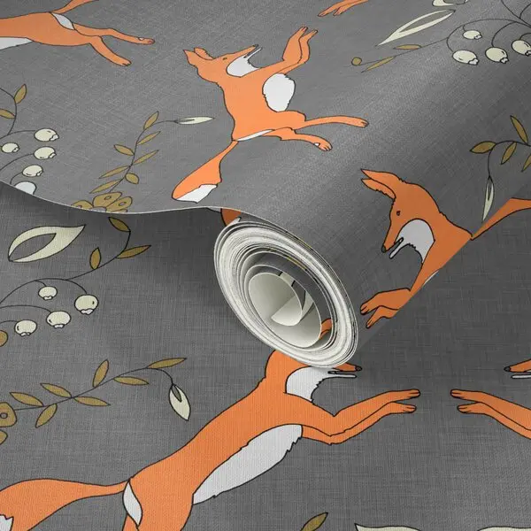 Spoonflower Small Fox Orange Gray Floral Spring Traditional Wallpaper - Gray,orange,brown