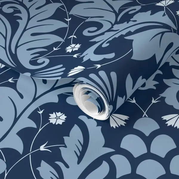 Spoonflower Flowers Blues Plants Hand Drawn Art Nouveau Custom Pre-pasted Wallpaper - Blue