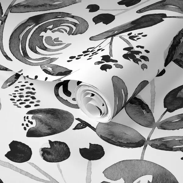 Spoonflower Bouquet Black White Watercolor Floral Scale Custom Pre-pasted Wallpaper - Gray,white,black