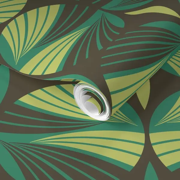Spoonflower Vintage Nature Art Deco Palm Beach Ocean Custom Pre-pasted Wallpaper - Green