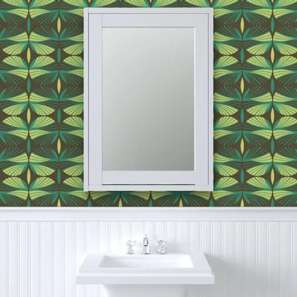 Spoonflower Vintage Nature Art Deco Palm Beach Ocean Custom Pre-pasted Wallpaper - Green