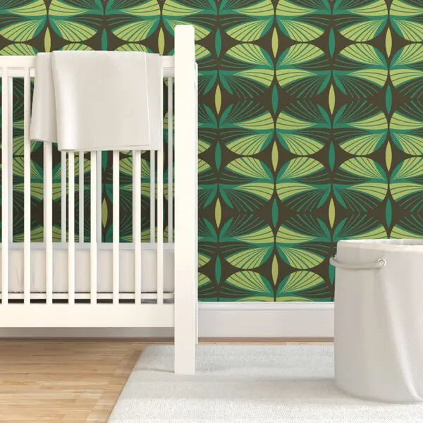 Spoonflower Vintage Nature Art Deco Palm Beach Ocean Custom Pre-pasted Wallpaper - Green