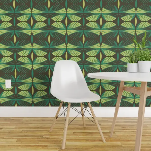Spoonflower Vintage Nature Art Deco Palm Beach Ocean Custom Pre-pasted Wallpaper - Green