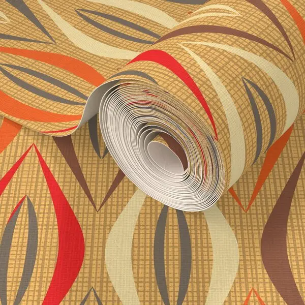 Spoonflower Atomic Diamonds Orange 100% Natural Sisal Grasscloth Wallcovering - Orange,tan,brown