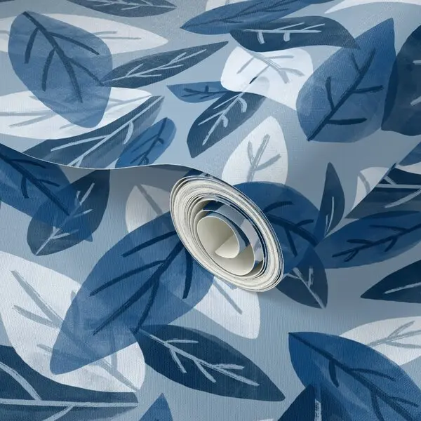 Spoonflower Leaves Nature Modern Brush Leaf Monochromatic Custom Pre-pasted Wallpaper - Blue