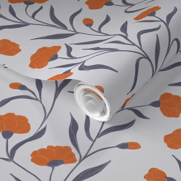 Spoonflower Blue Flowers Leaves Vines Floral Orange Grey Traditional Wallpaper - Orange,gray,purple
