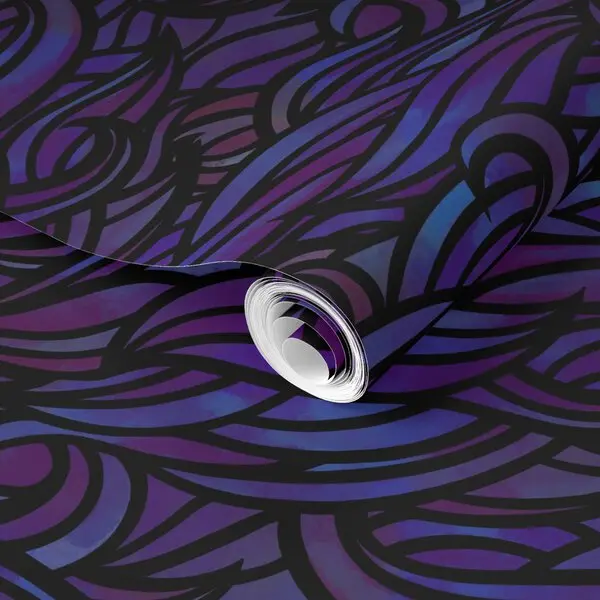 Spoonflower Black Blue Purple Water Waves Violet Stained Glass Custom Pre-pasted Wallpaper - Purple,black,blue