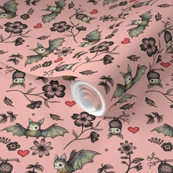Spoonflower Pink Hearts Bat Bats Flowers Halloween Wildlife Custom Pre-pasted Wallpaper - Pink,black,red