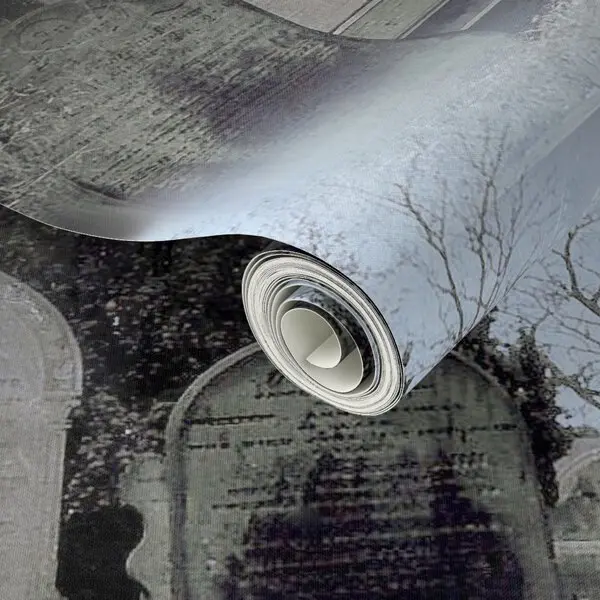Spoonflower Holiday Halloween Spooky Photographic Graveyard Custom Pre-pasted Wallpaper - Gray,blue